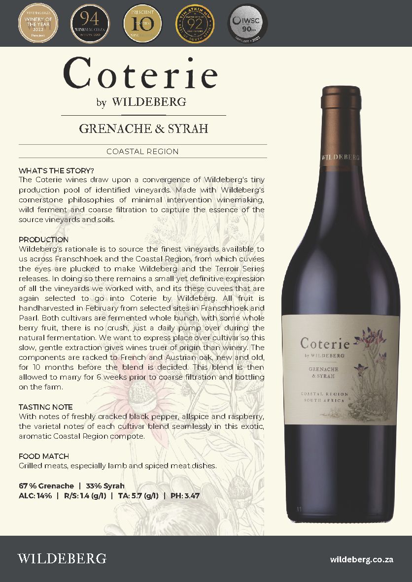 COTERIE BY WILDEBERG GRENACHE-SYRAH RED BLEND 2022 14% – Sol O Vino